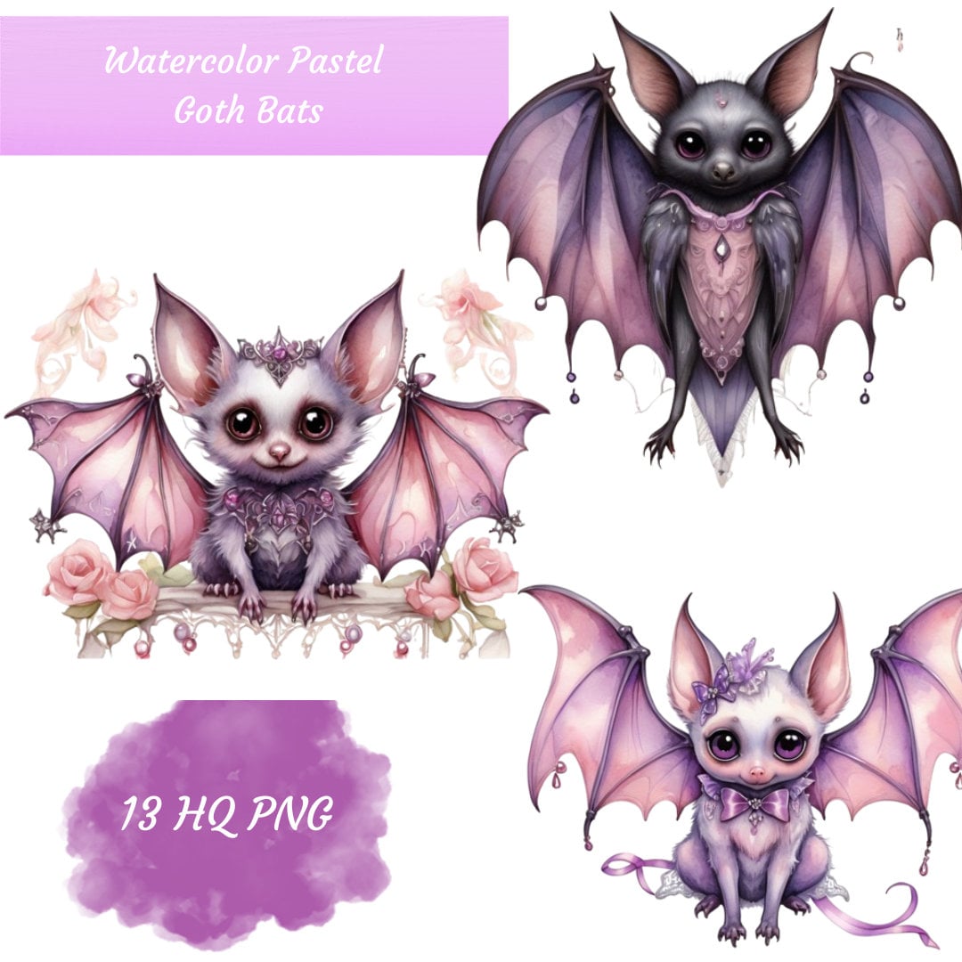 Watercolor Pastel Goth Bat Animals PNG Bundle, Kawaii Pastel Goth ...