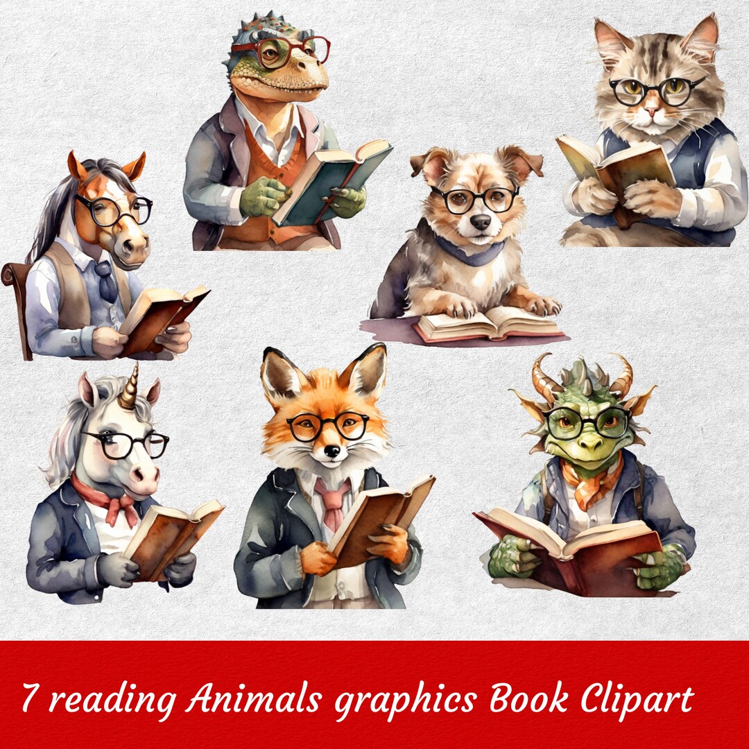 7 PNG Watercolour Booklover Animals Clipart Bundle, Reading Animals ...