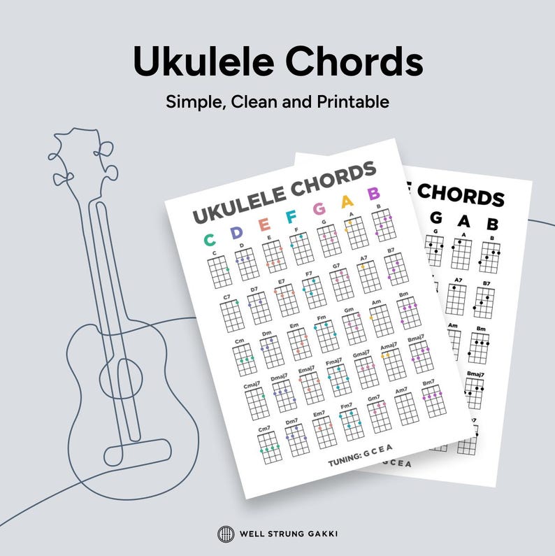 UKULELE Chord Charts (two Versions) | Simple and Clean Printable Basic Beginner Ukulele Chords ...