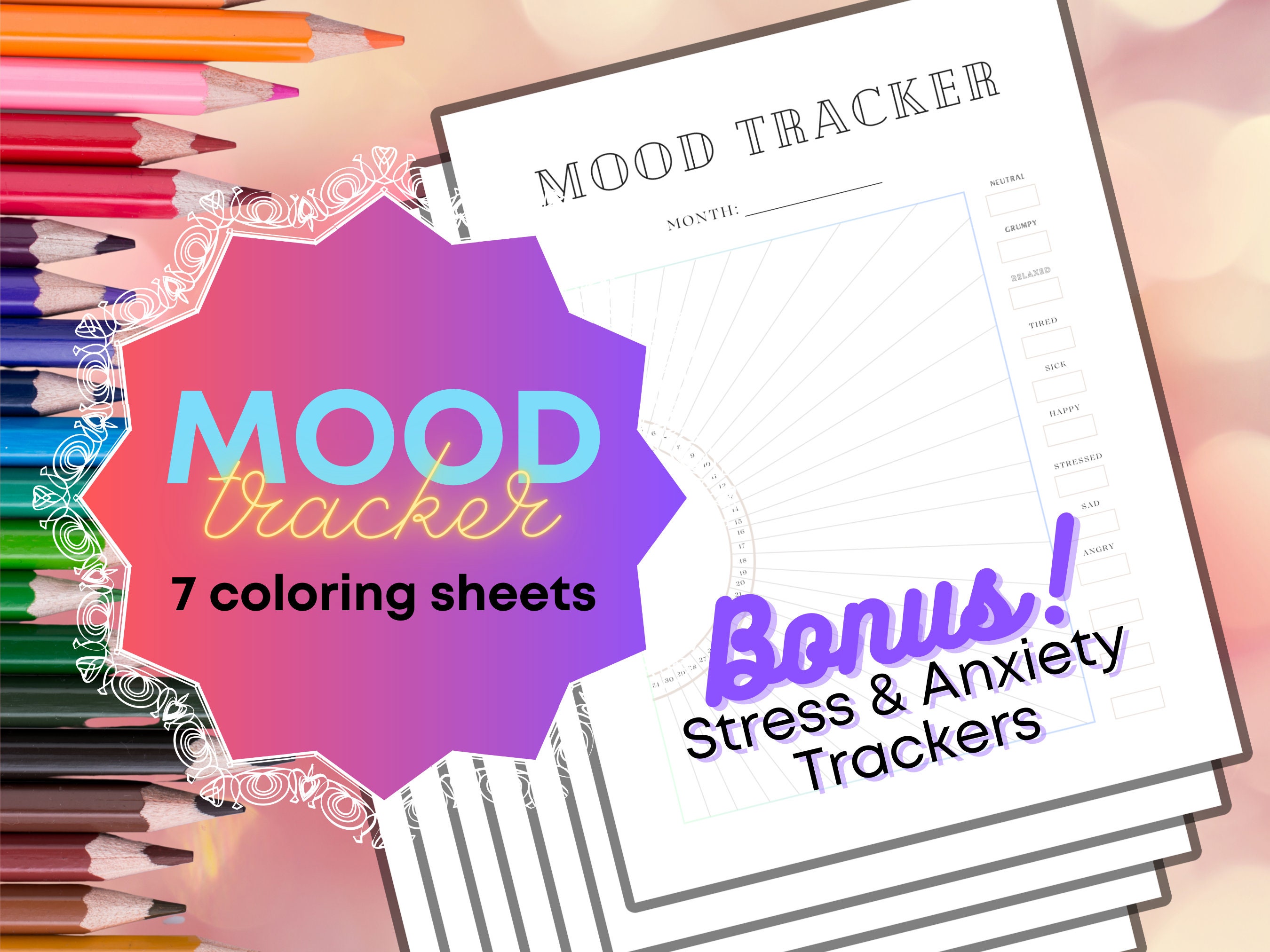 Mood Tracker Coloring Pages Bundle With Bonus Stress and Anxiety ...