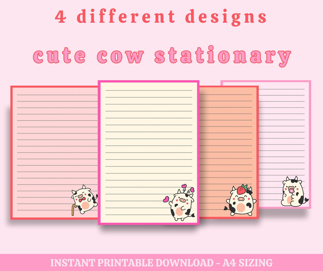 CUTE COW STATIONARY Printable Lined A4 Digital Pen Pal Letter Writing ...