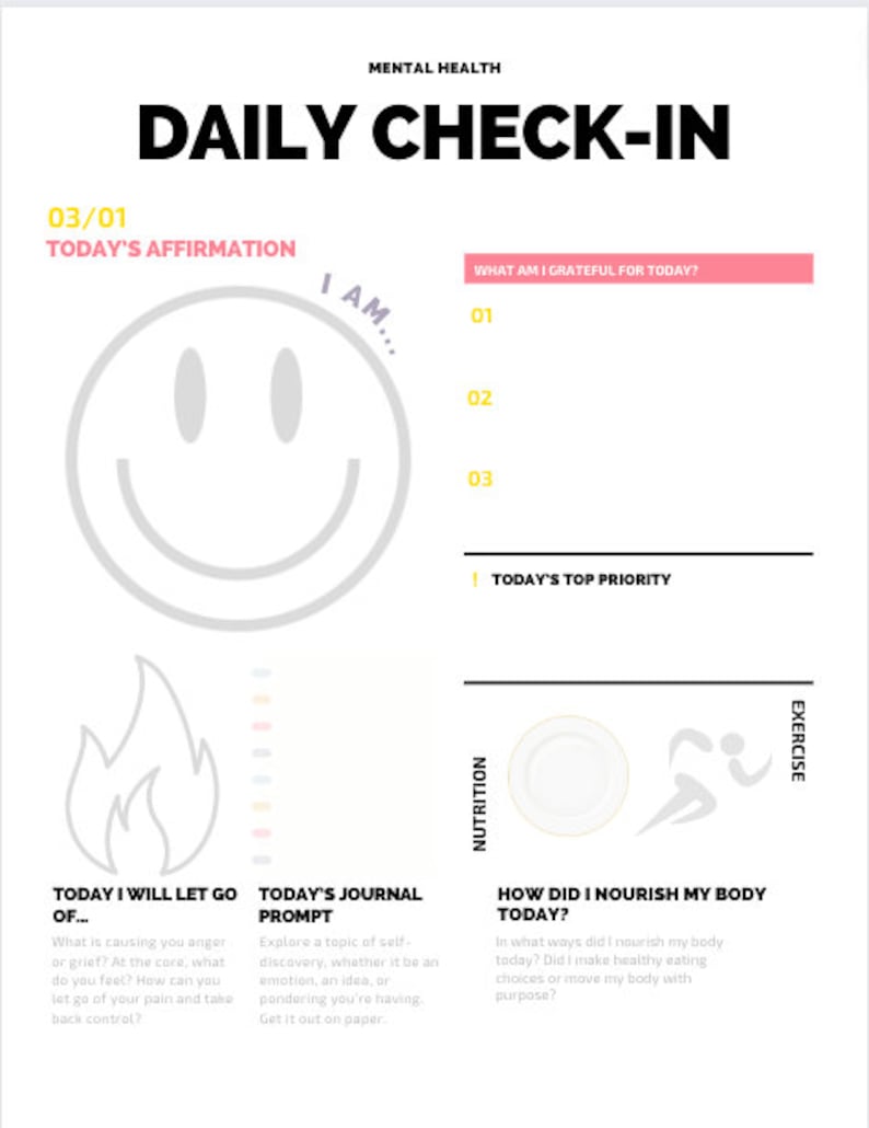 Daily Mental Health Check-in Printable Worksheet (digital Download) - Etsy