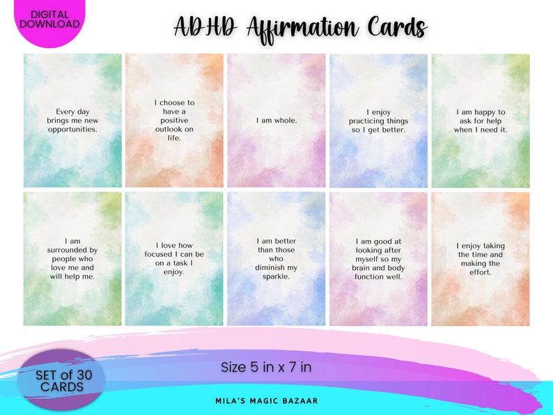 ADHD Affirmation Cards, Digital Download, Mental Health Affirmations ...