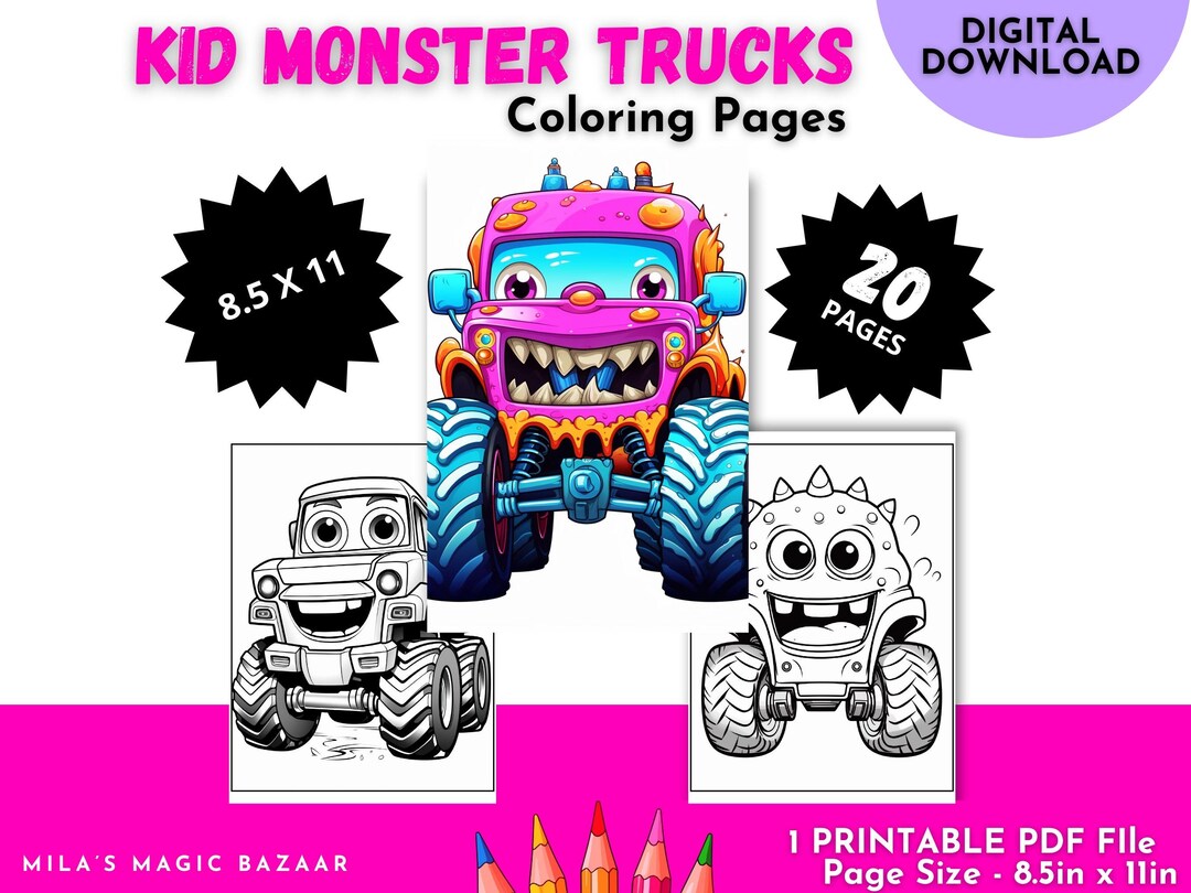 Monster Truck, Kids Coloring Book, 20 Coloring Pages, Digital Download ...
