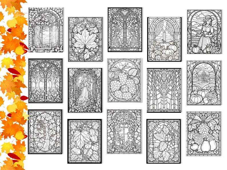 Autumn Botanicals Stained Glass Coloring Pages (digital Download) - Etsy