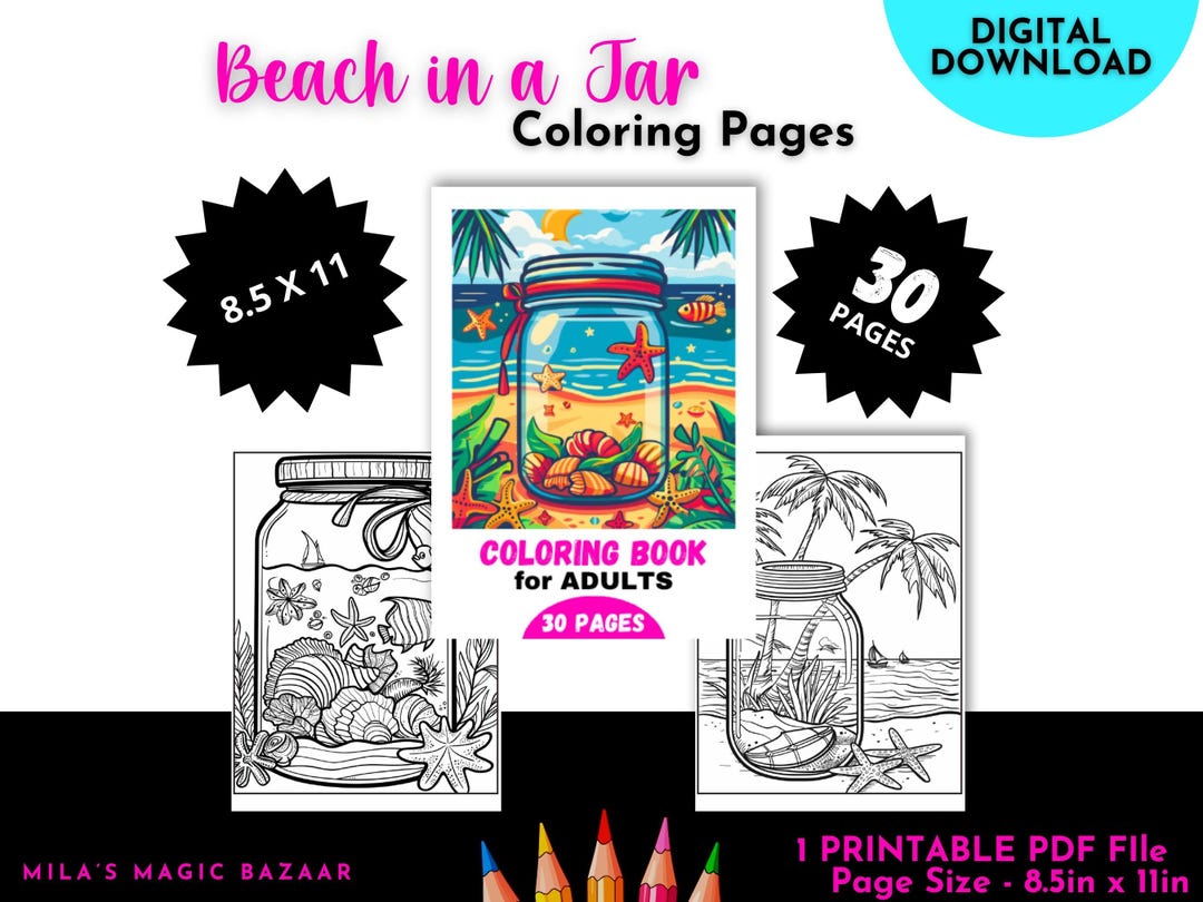Beach in a Jar Coloring Book, 30 Coloring Pages, Digital Download ...