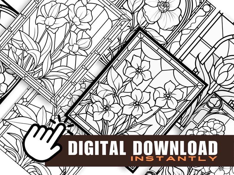 Floral Stained Glass Coloring Pages, 30 Coloring Pages, Digital ...