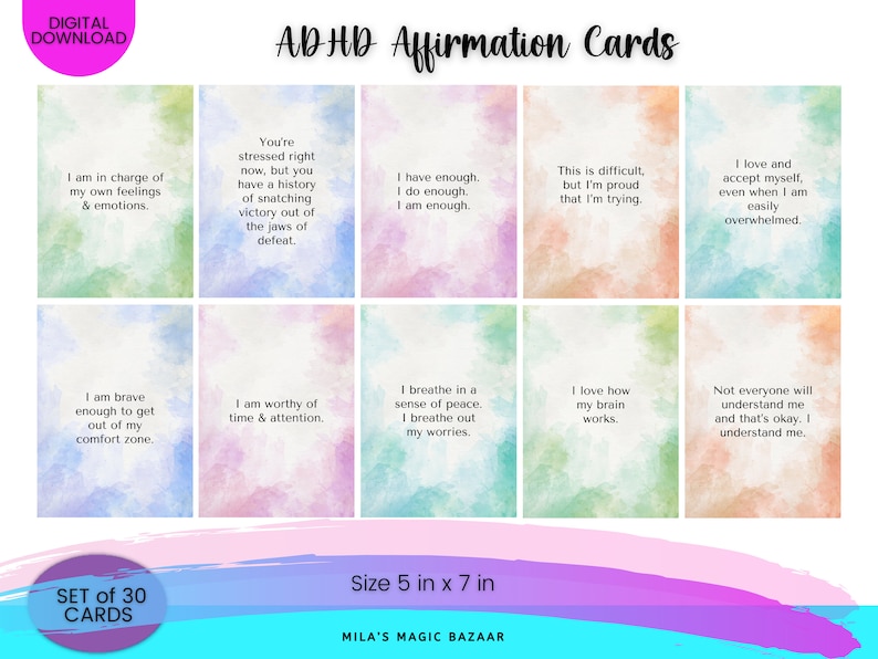 ADHD Affirmation Cards, Digital Download, Mental Health Affirmations ...
