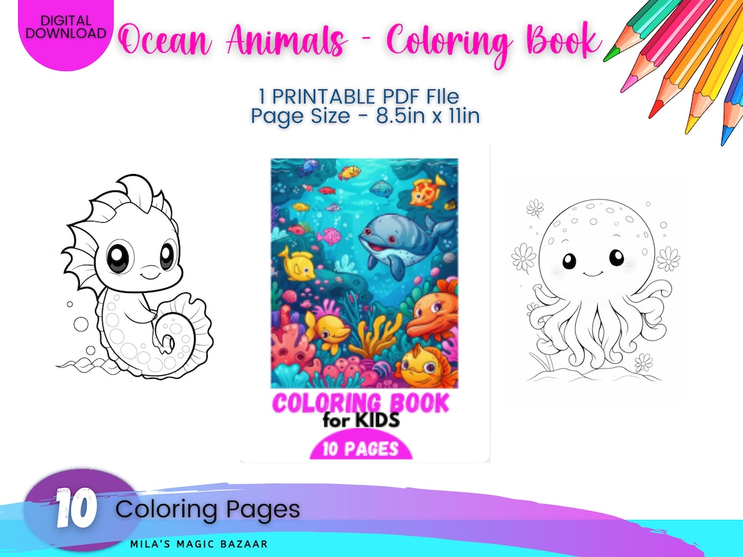 Ocean Animals Coloring Book: 10 Kids' Activity Pages (digital Download ...