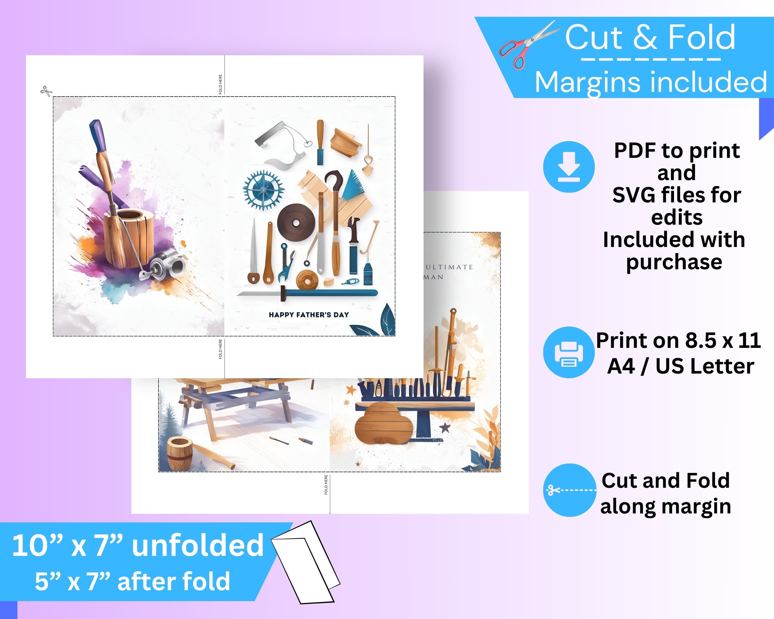 Happy Father's Day Card, Watercolor Woodworks, Printable Father's Day ...