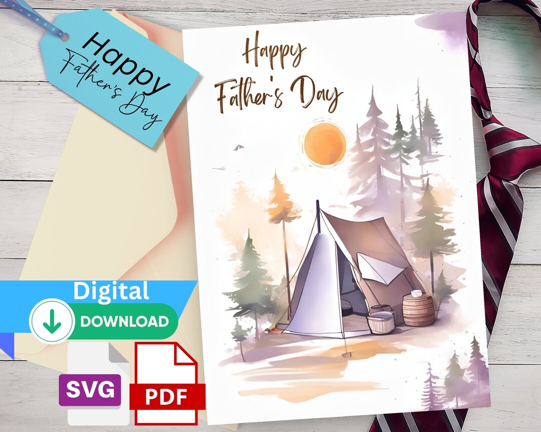 Happy Father's Day Card, Watercolor Camping, Printable Father's Day ...