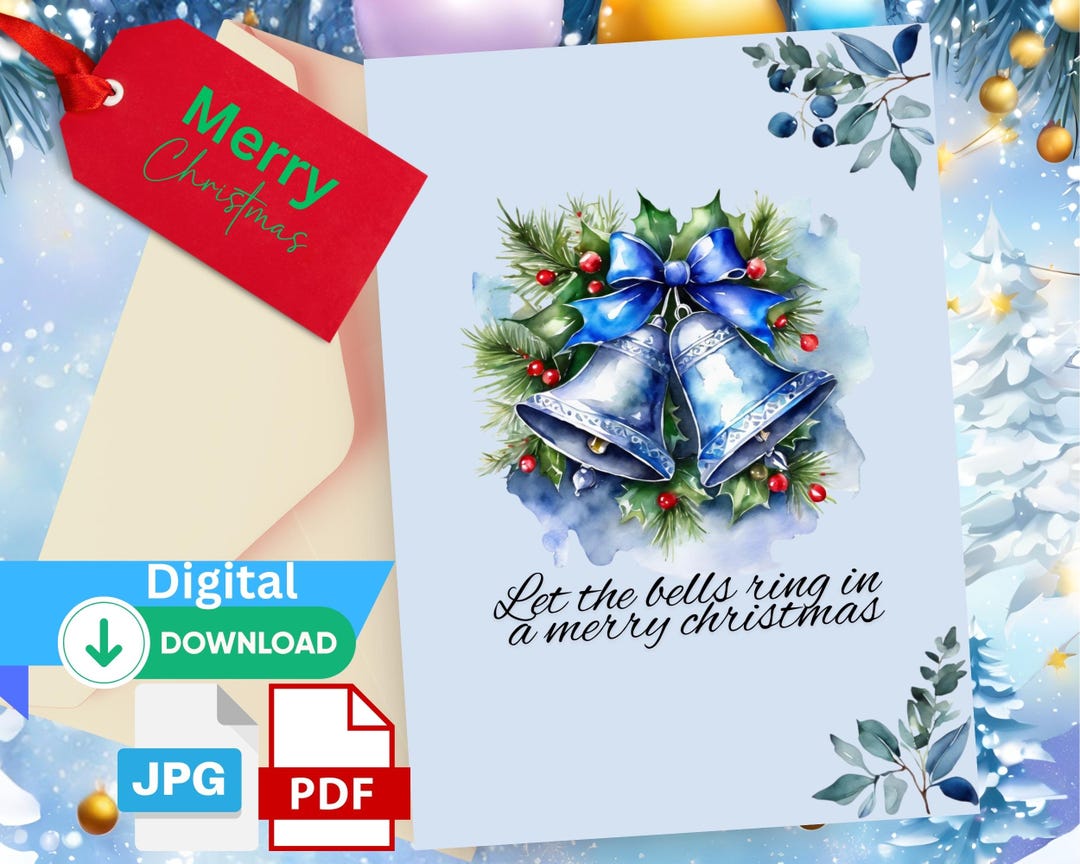 Merry Christmas Card Digital, Watercolor Holidays, Printable Christmas ...
