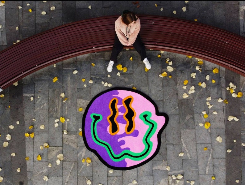 Happy Smiling Face Rug, Trippy Smile Rug, Tufted Rug, Handmade Rug ...