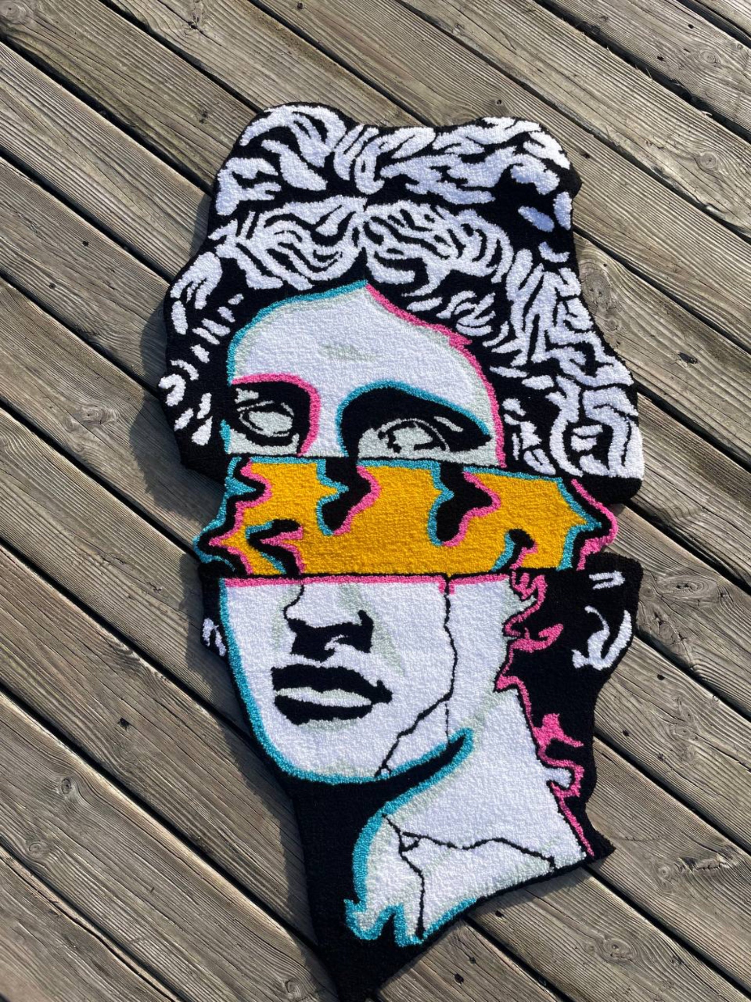 Trippy Abstract Tufted Rug, Smiling Face Handmade Rug, Ancient Statue ...