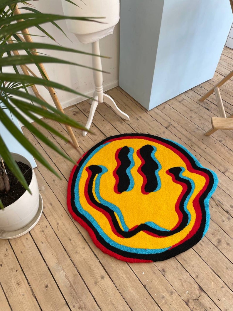 Happy Smiling Face Rug, Trippy Smile Rug, Tufted Rug, Handmade Rug ...