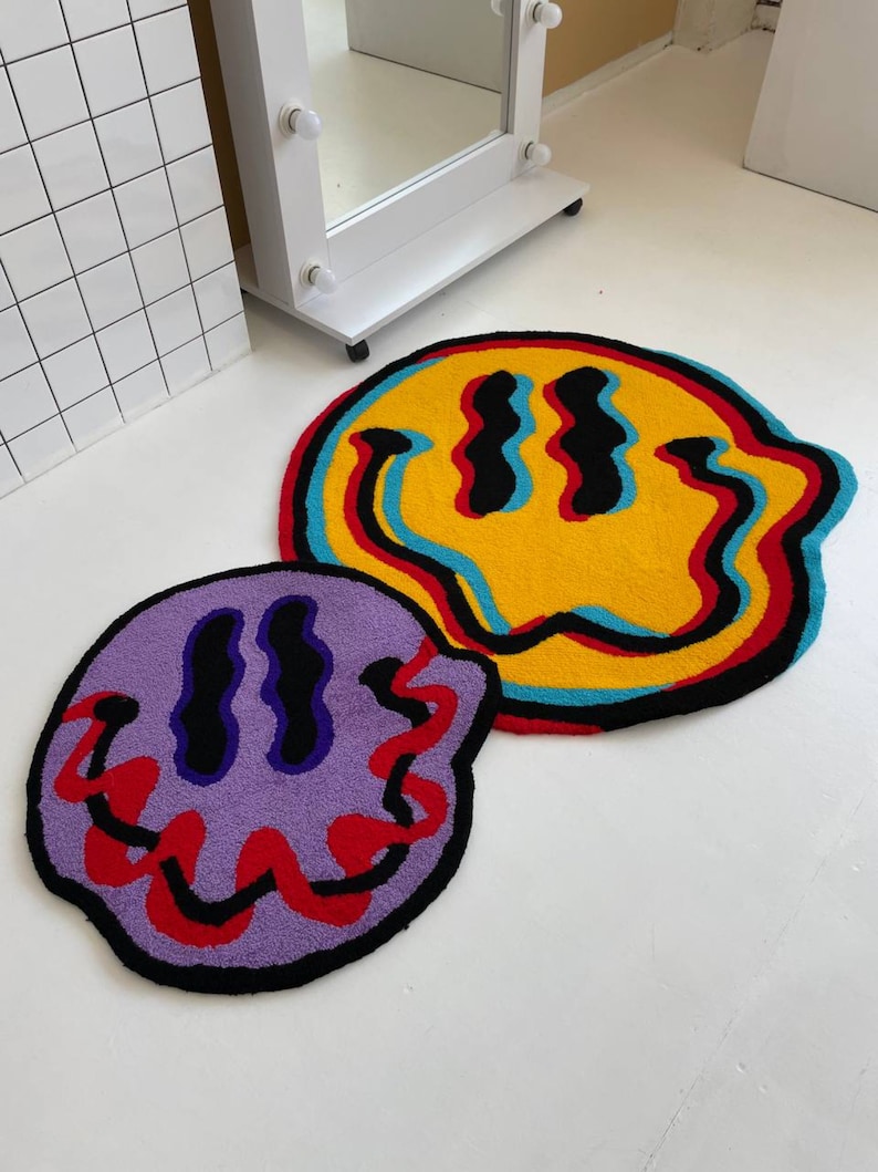 Happy Smiling Face Rug, Trippy Smile Rug, Tufted Rug, Handmade Rug ...