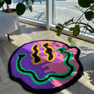 Happy Smiling Face Rug, Trippy Smile Rug, Tufted Rug, Handmade Rug ...
