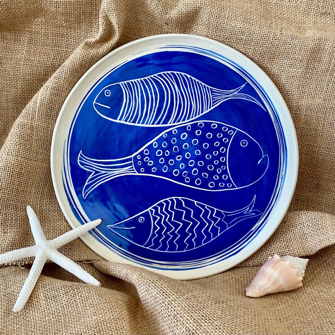 Handmade Ceramic Fish Platter: Blue Decorative Serving Dish, Sgrafitto ...