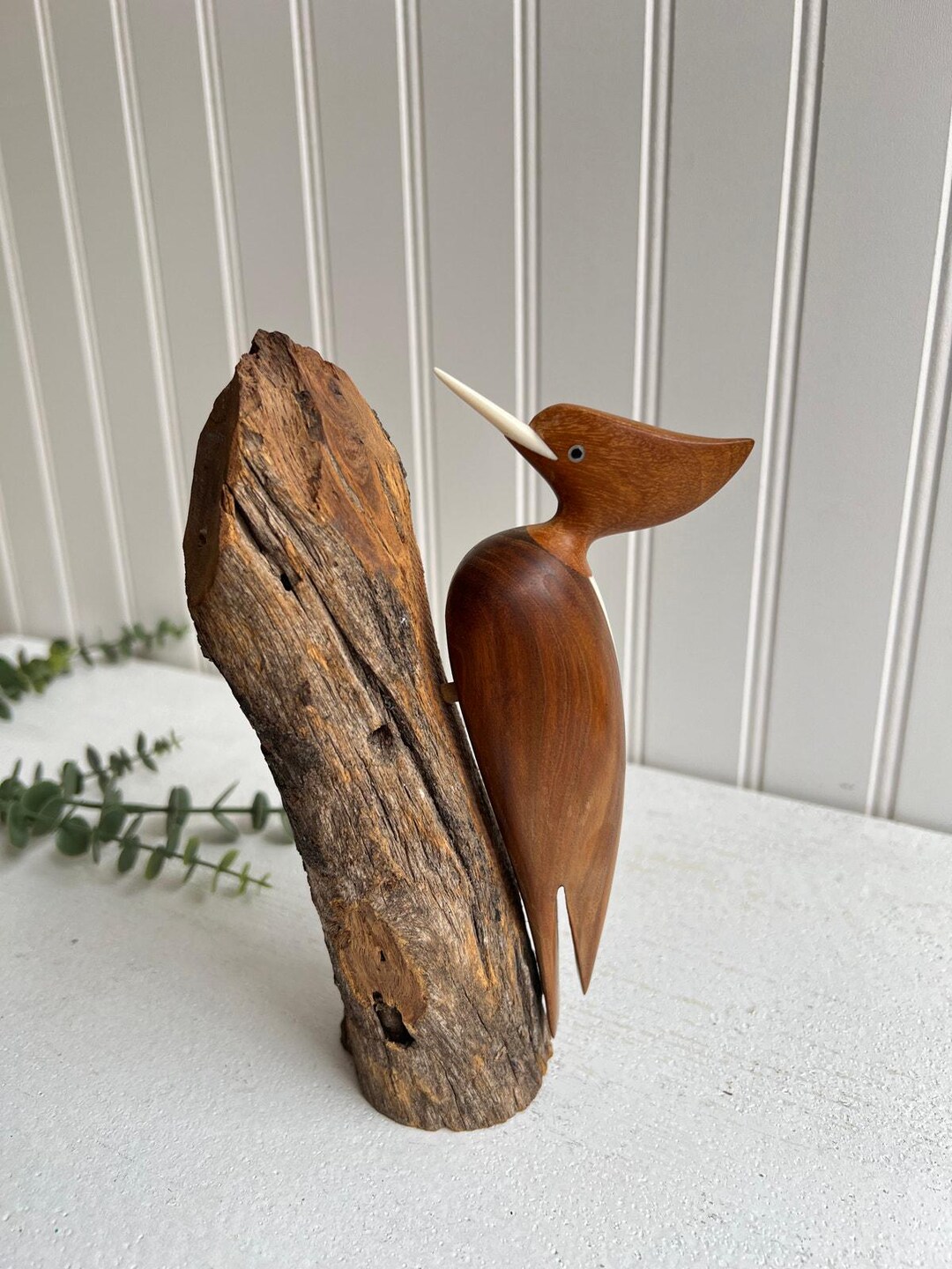 Hand Carved Wooden Carpenter Bird With Onyx Inlay Beak Statue Rustic ...
