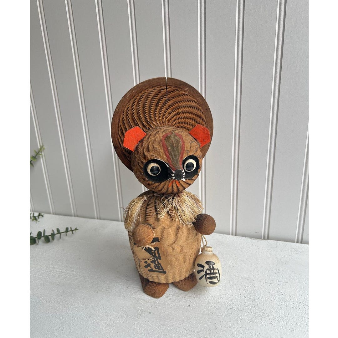 Japanese Kokeshi Doll Raccoon Dog Badger Tanuki Wooden Carving Figure ...