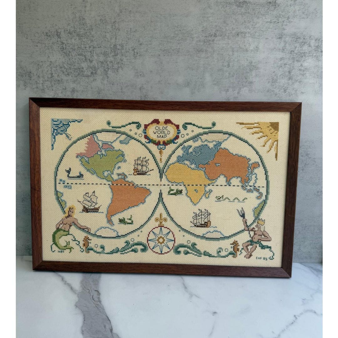 Vintage Cross Stitch World Map | Framed Olde Worlde Needlepoint ...