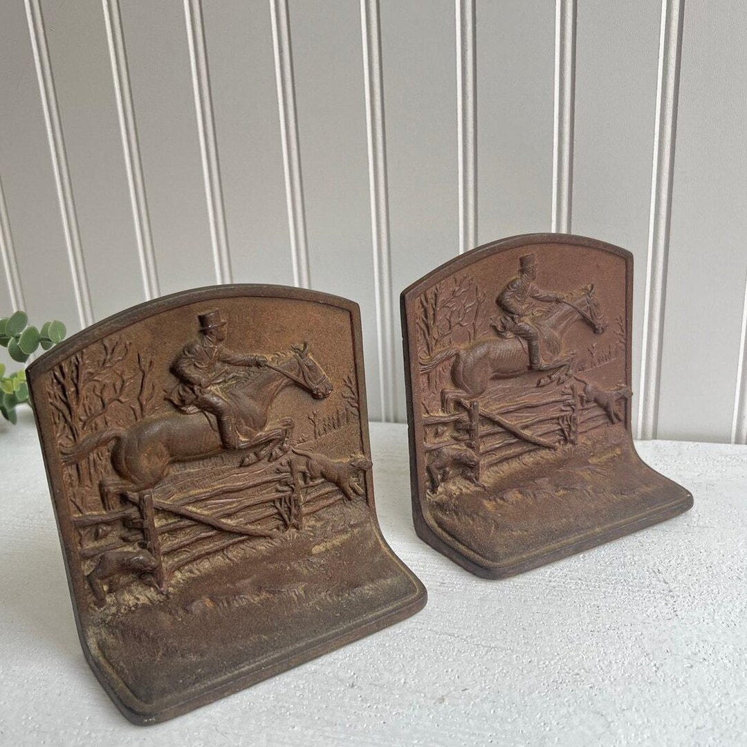 Vintage Antique Hubley Cast Iron Bookends Equestrian Fox Hunting Scene ...