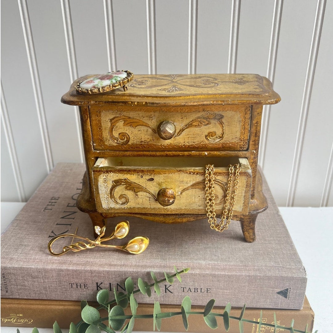 Vintage Italian Florentine Chest Jewelry Box Gold 2 Drawers Vanity ...