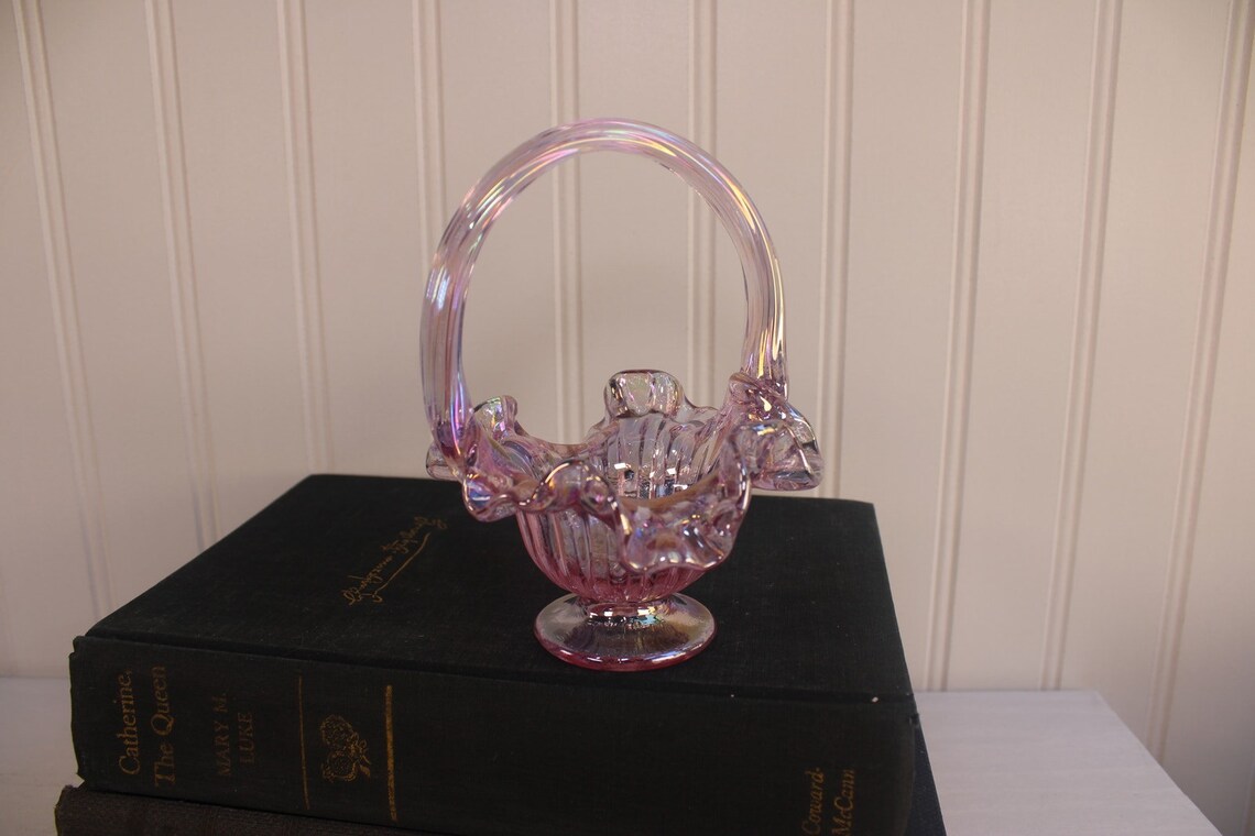 Vintage Fenton Pink Opalescent Ruffle Art Glass Basket 5 - Etsy