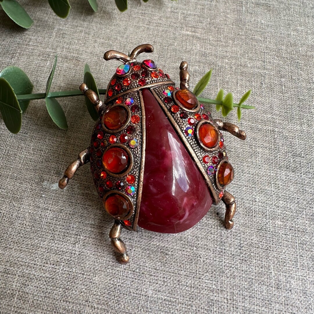 Vintage Jeweled Beetle Bug Brooch Large Red Rhinestones Insect Jewerly ...