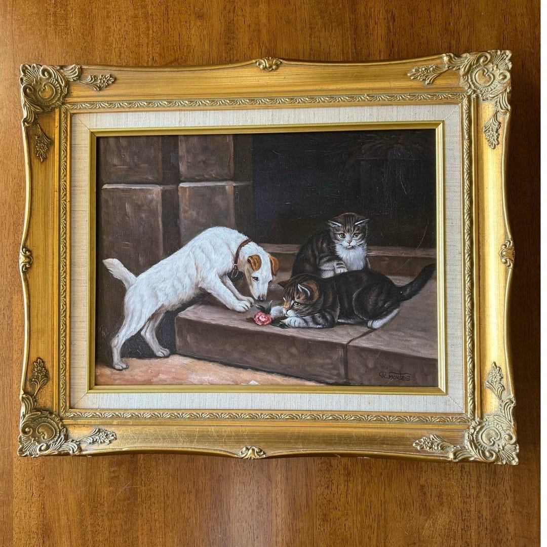Vintage Oil Painting by R. Montes | Dog and Kittens Artwork | Gold ...