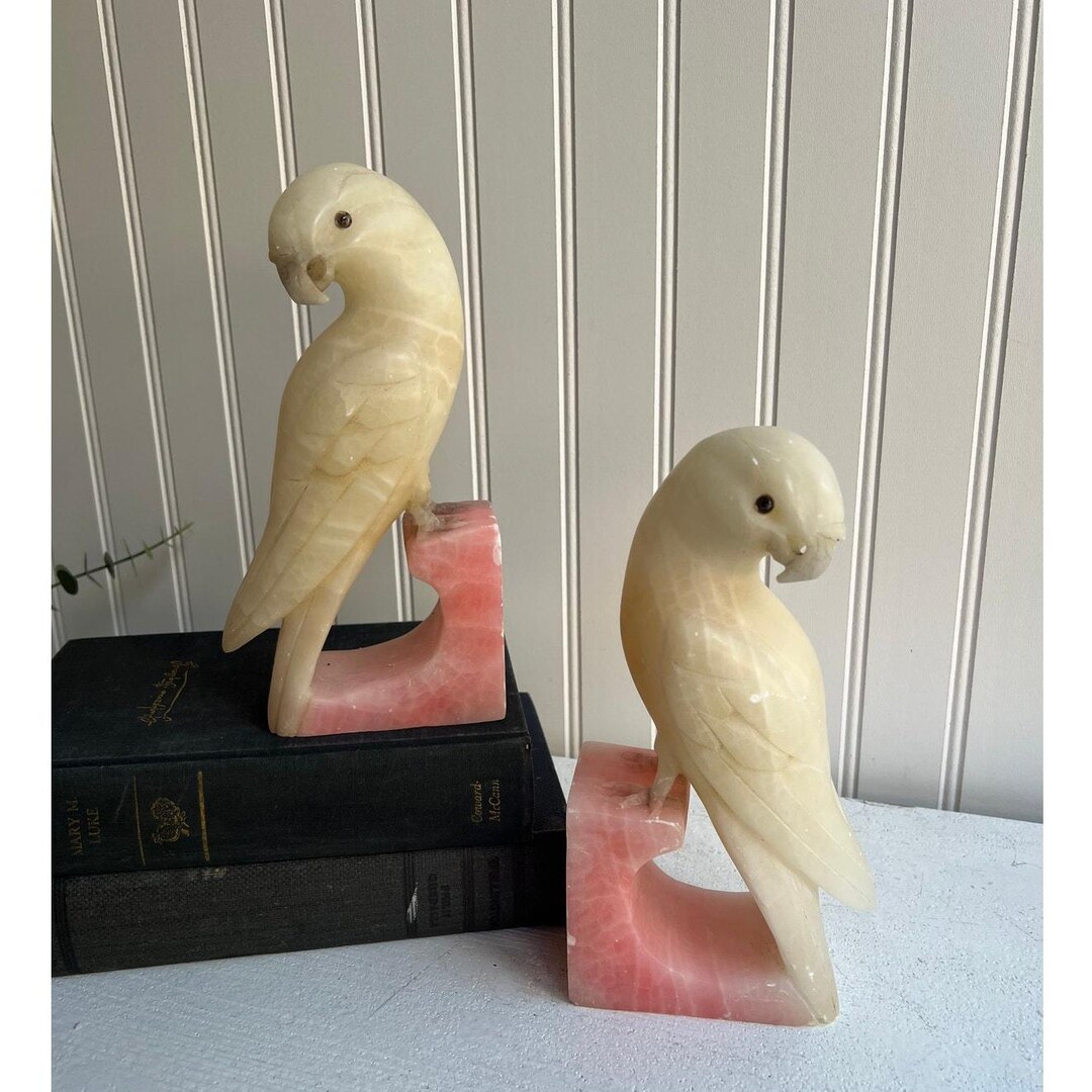 Vintage Alabaster Carved Parrot Parakeet Birds Bookends White Stone ...
