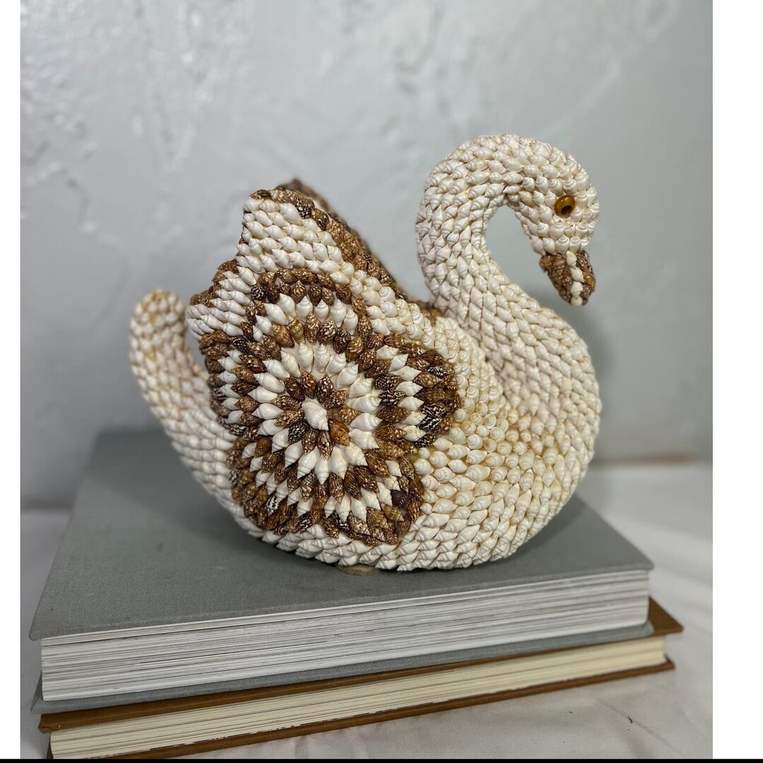 Vintage Seashell Covered Swan Planter Kitsch Retrotall Floral Inset ...