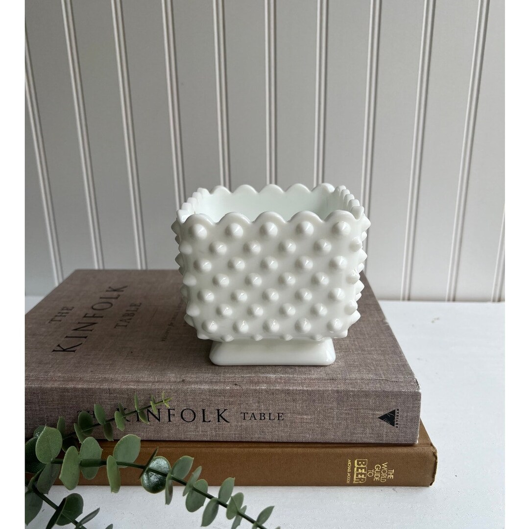 Fenton White Milk Glass Hobnail Square Planter Scallop Edge ...