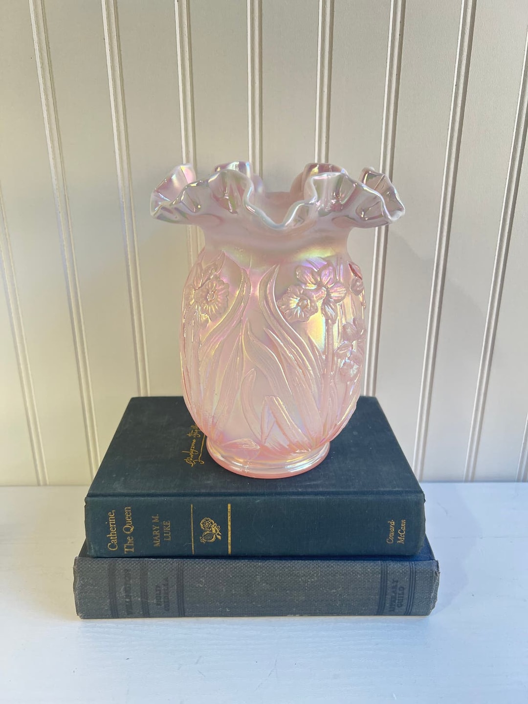 Vintage Fenton Large Pink Glass Iridescent Opalescent Daffodil Flower ...