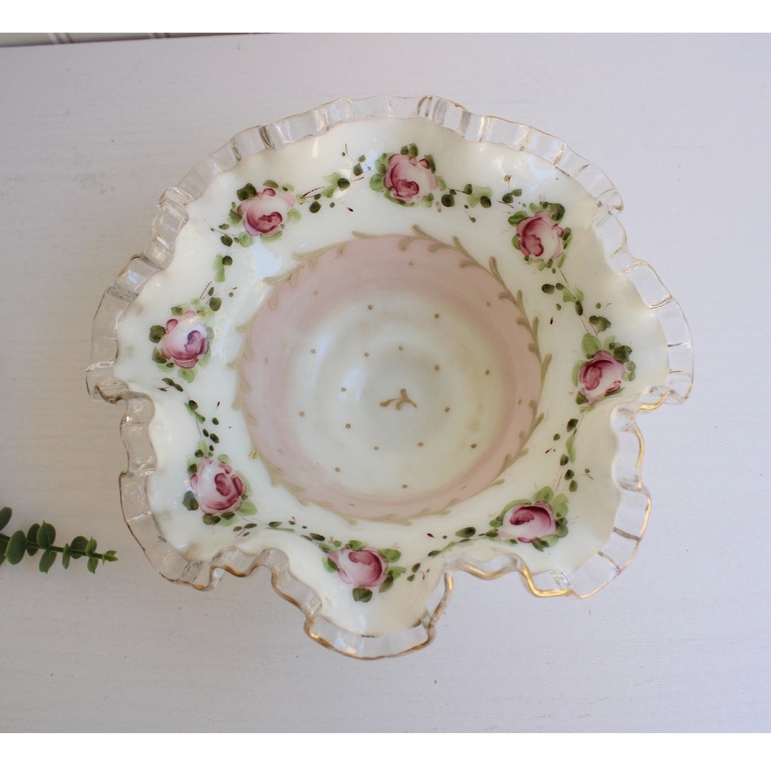 Fenton Charleton Rose Hand Painted Bowl Silver Crest Ruffle Crimped Rim ...