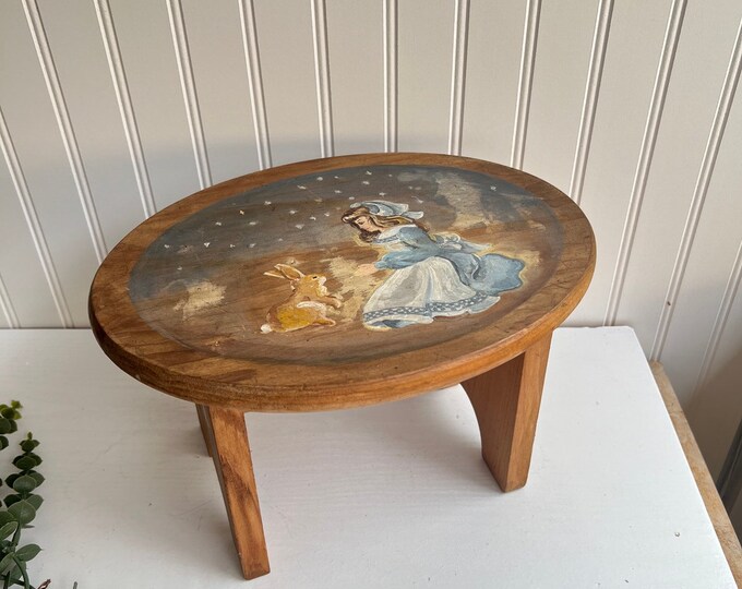 Vintage Wooden Oval Stepping Stool Hand-painted Girl Bunny Design ...