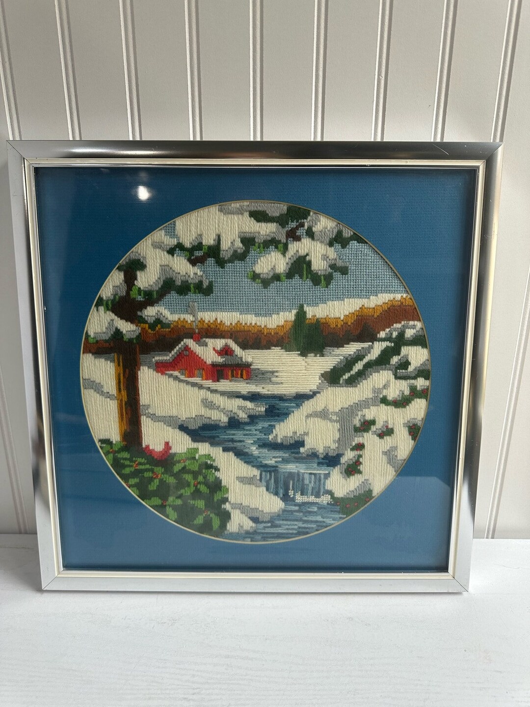 Vintage Long Stitch Needlepoint Cottage in Snow/stream & Mountain ...