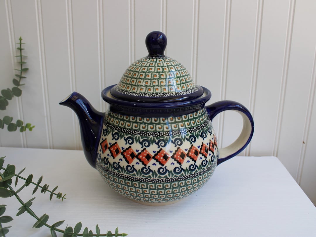Polish Pottery Unikat Large Teapot Blue Geometric Patterns | Handmade ...