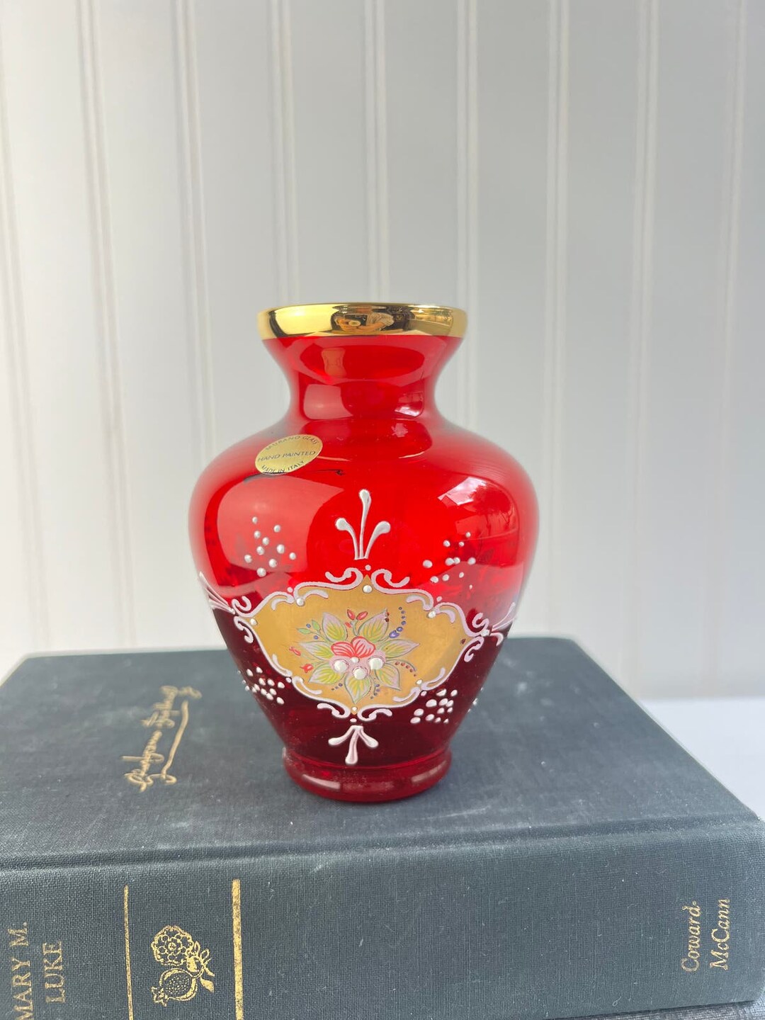 Venetian Glass Vase Vintage Hand Painted Murano Small Red Vase Italian ...