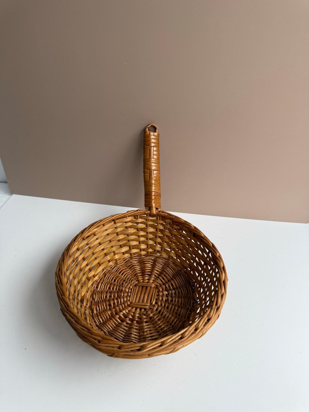 Vintage Wicker Scoop Basket | Long Handle | Hanging Loop | Farmhouse ...
