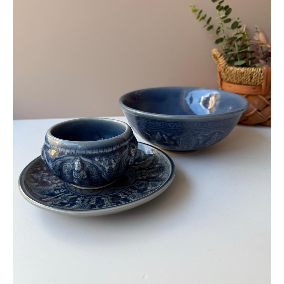 Vintage Thai Celadon Blue Lidded Bowl 3 Piece Set | Raised Embossed ...