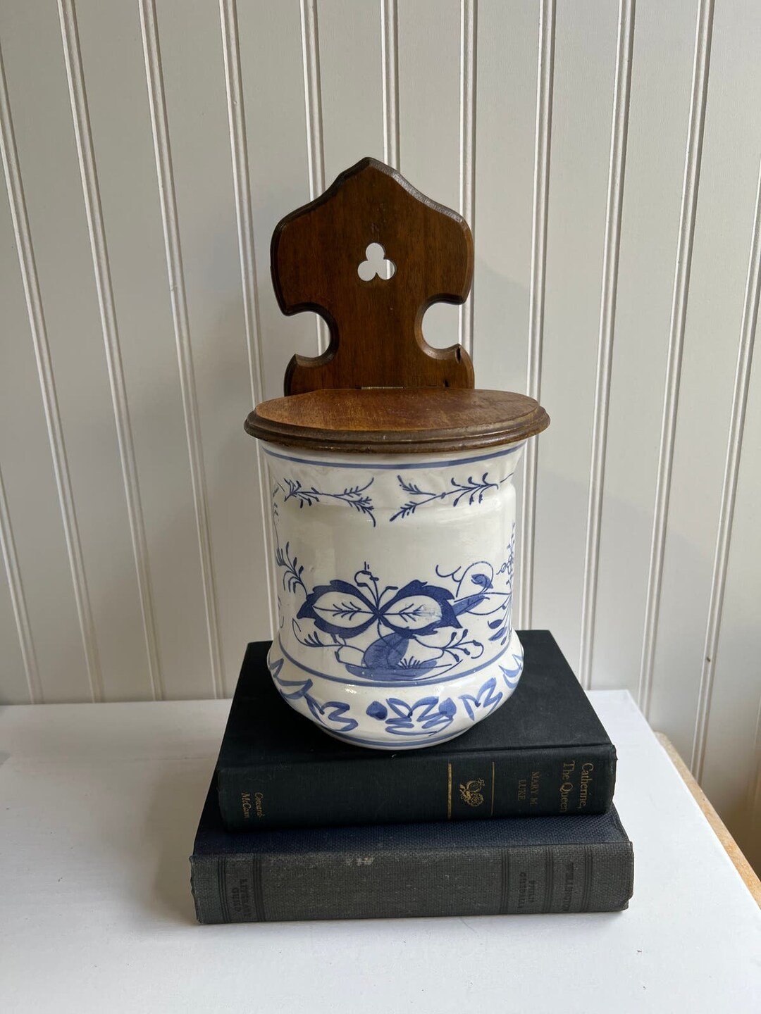 Large Vintage Porcelain Flow Blue Salt Box With Wooden Wall Mount ...