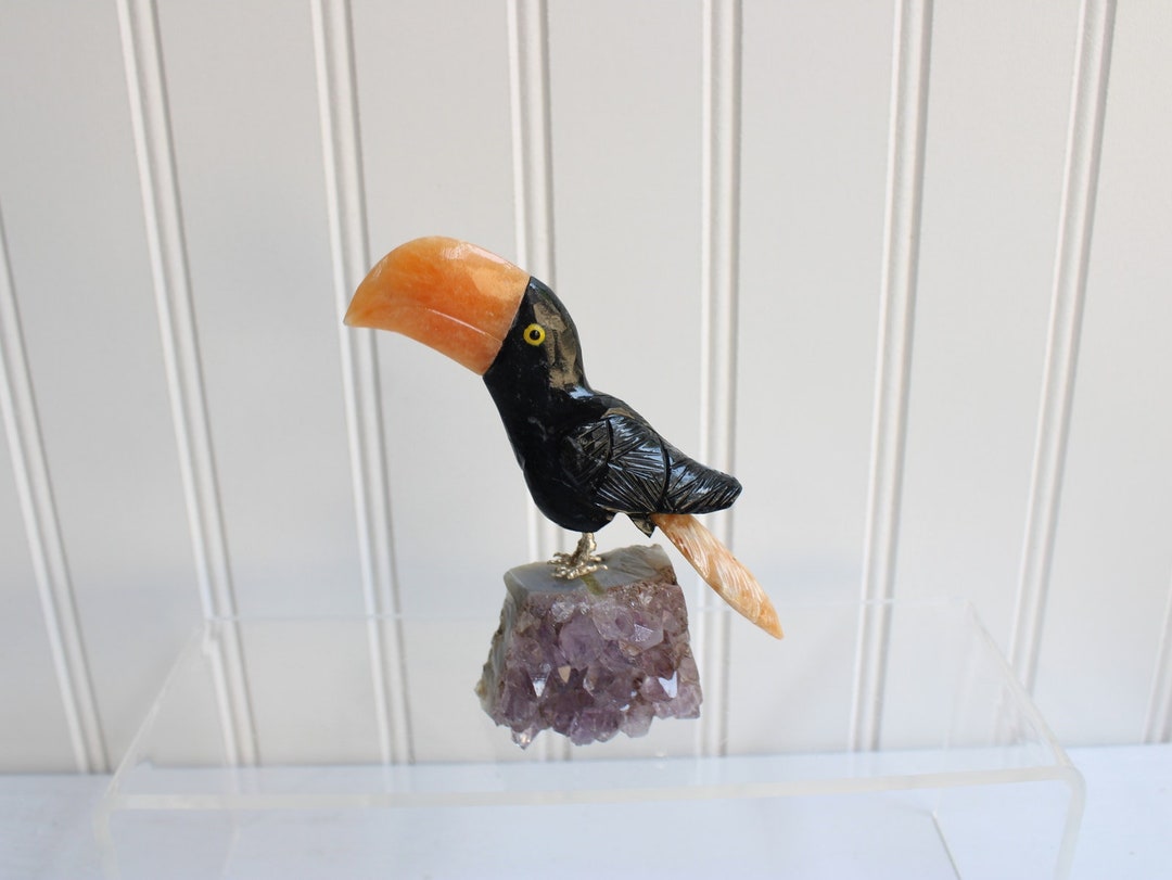 Stone Carved Toucan Bird on Amethyst Quartz Handcrafted Gemstone ...