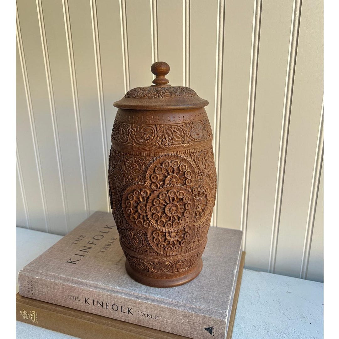 Vintage Carved Faux Wood Canister Folk Art Rustic Jar With Lid ...