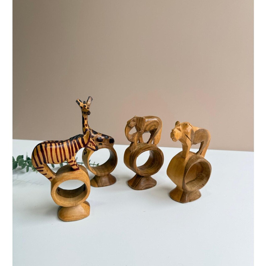Vintage Hand Carved Wooden Animal Napkin Rings | Safari Jungle Table ...