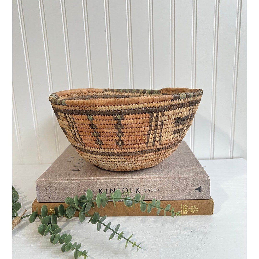 Vintage African Coil Basket With Geometric Pattern Hausa Tribal Decor ...