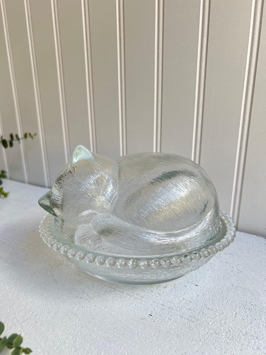 Vintage Indiana Glass Sleeping Cat on a Nest Covered Candy Trinket Dish ...