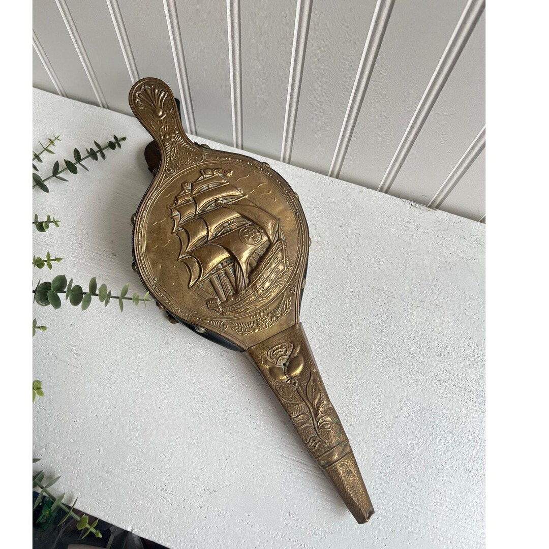 Antique Brass Fireplace Bellows With Ship Motif Wood and Leather ...