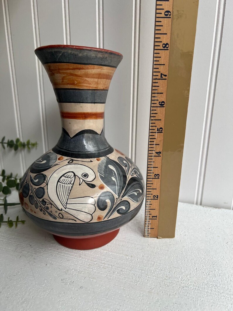 Vintage Tonala Mexican Pottery Vase With White Bird Handcrafted Folk ...