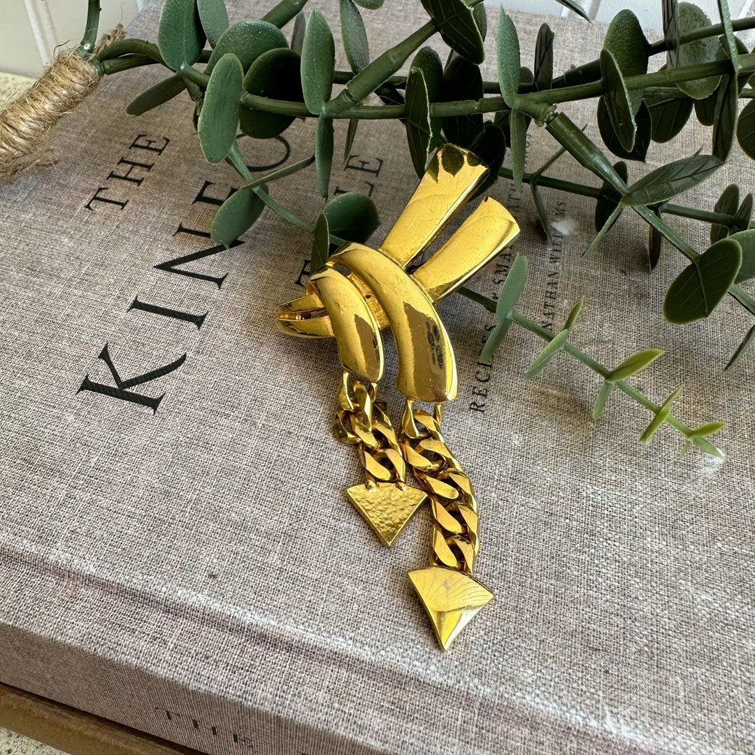 Art Deco Dangle Brooch With Cuban Links | Goldtone Vintage Large ...